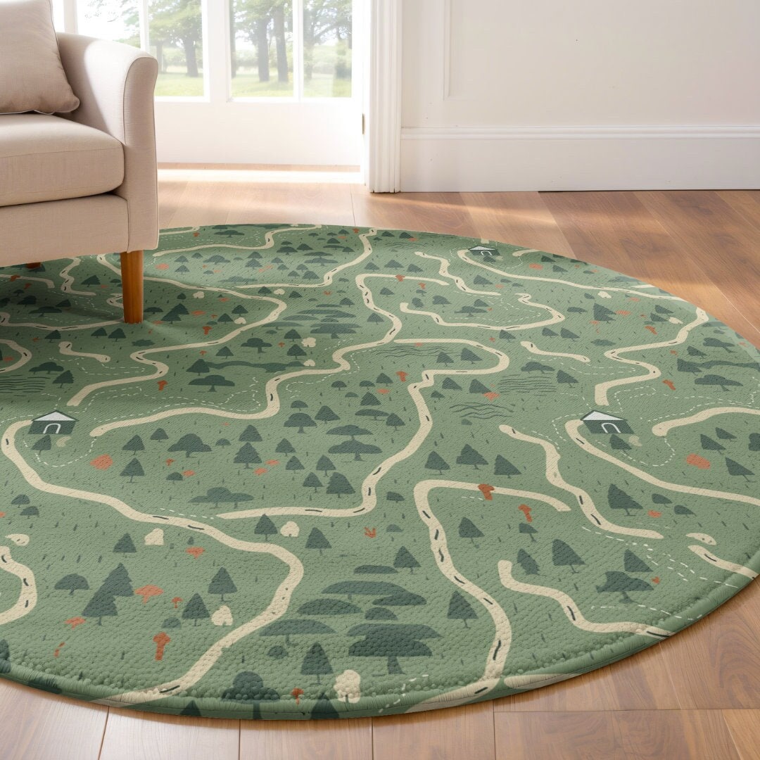 Mountain Road Map 5ft Round Rug, Large Floor Mat Kids Bedroom, Green ...