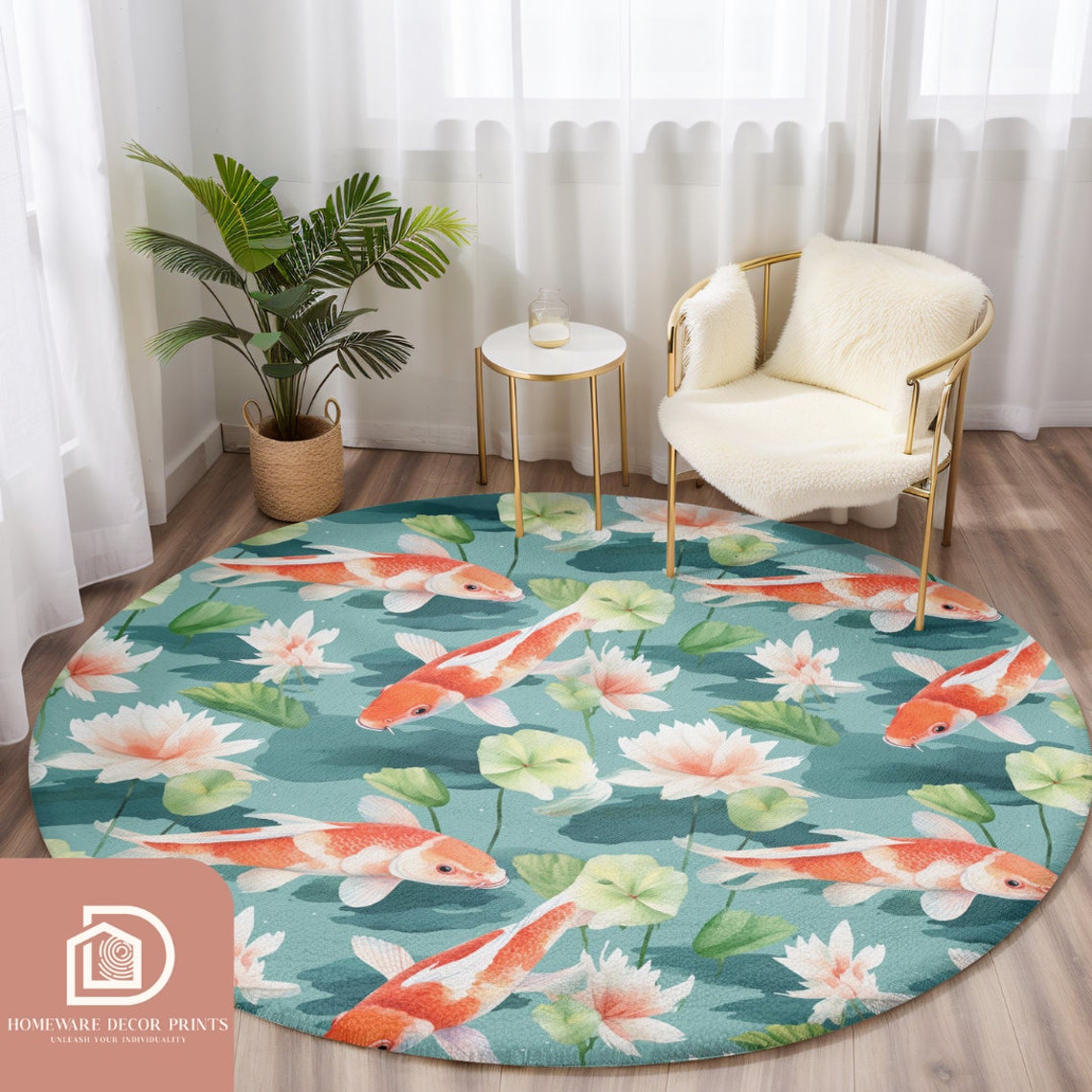 Koi Fish Pond 5ft Round Rug, Vibrant Asian Decorative Mat, Exotic ...