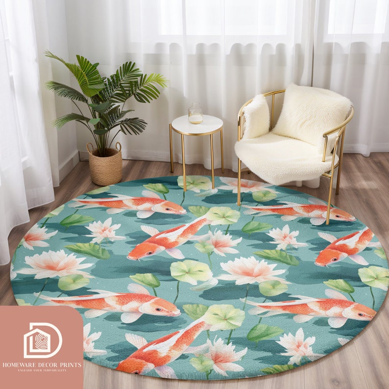 Koi Fish Pond 5ft Round Rug, Vibrant Asian Decorative Mat, Exotic ...