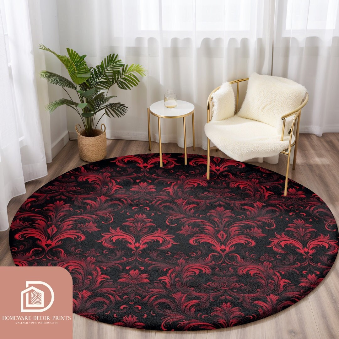 Red Damask 5ft Round Rug, Old Money Aesthetic, Goth Burlesque Decor ...