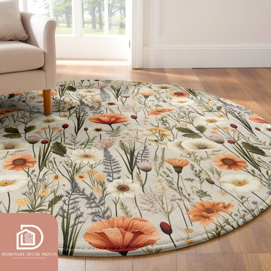 Earthy Floral 5ft Round Rug, Light Academia Fluffy Carpet, Cottagecore ...