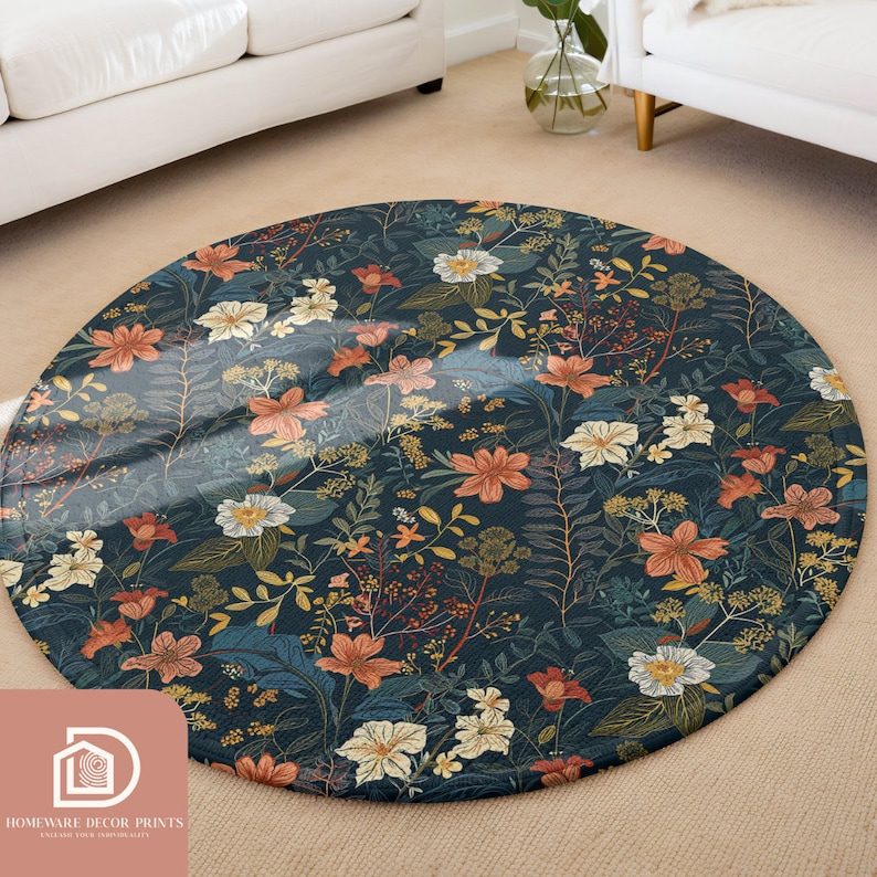 Vintage Floral 5ft Round Rug, Dark Academia Comfy Circle Mat, Botanical ...