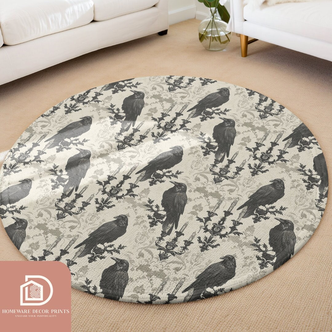 Gothic Victorian 5ft Round Rug, Black Crow Vintage Comfy Mat, Witchy ...