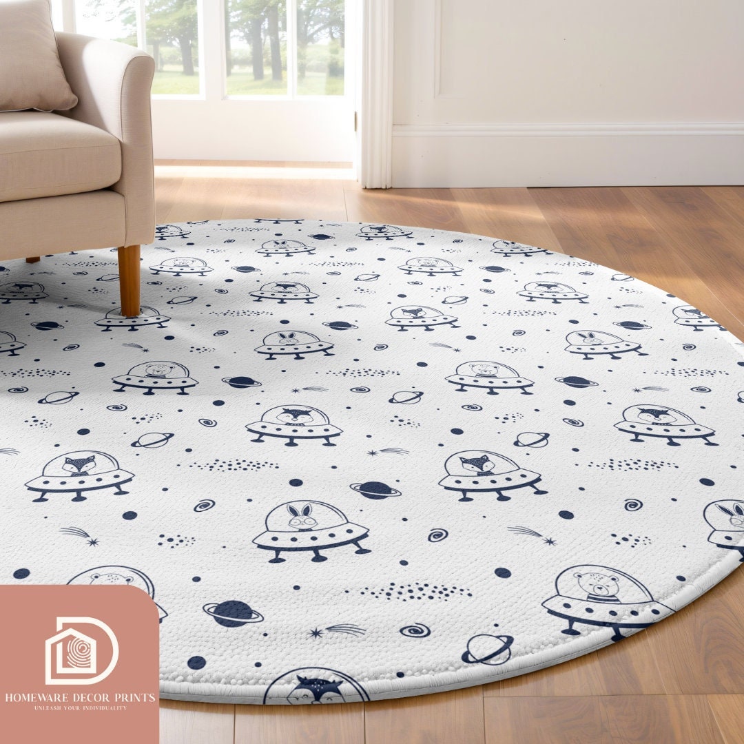 Animals in a Spaceship 5ft Round Rug, Forest Creatures Cozy Mat, Deep ...