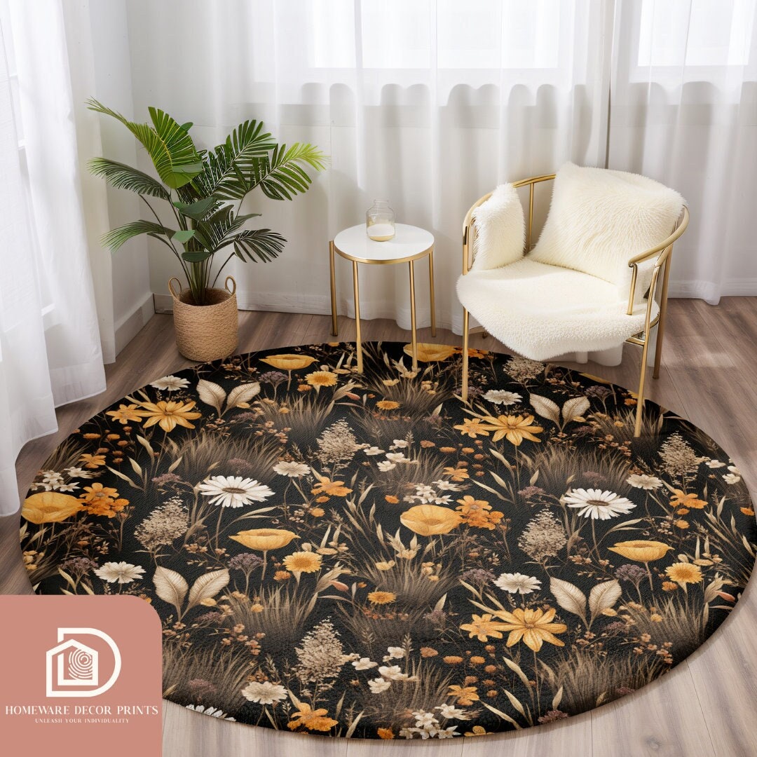 Black Floral 5ft Round Rug, Dark Academia Comfy Mat, Cottagecore Fluffy ...