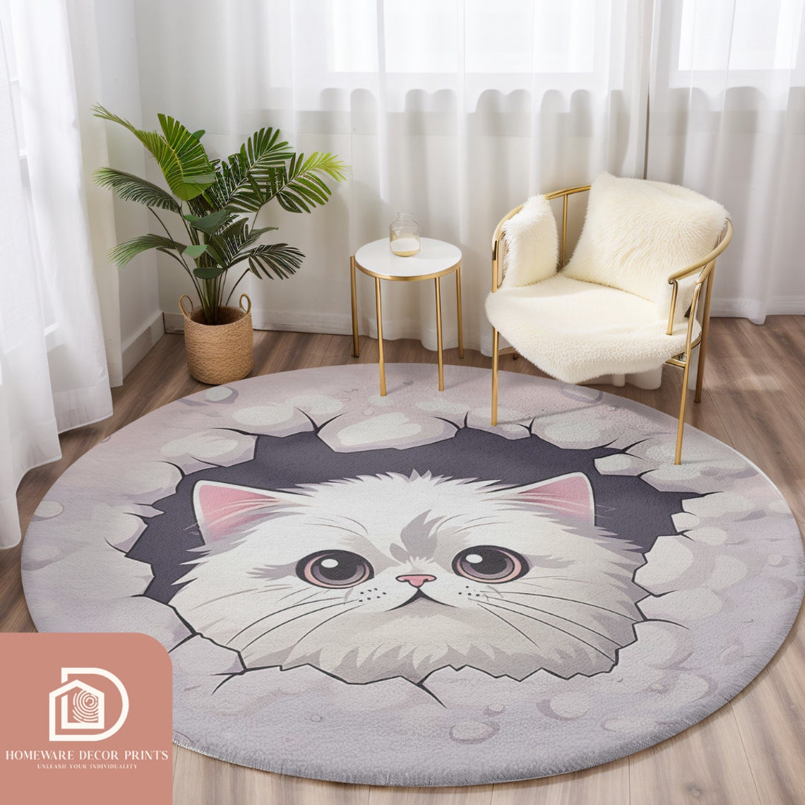 Cat Peeking 5ft Round Rug, Ragdoll Peekaboo Circular Carpet, Kitty ...