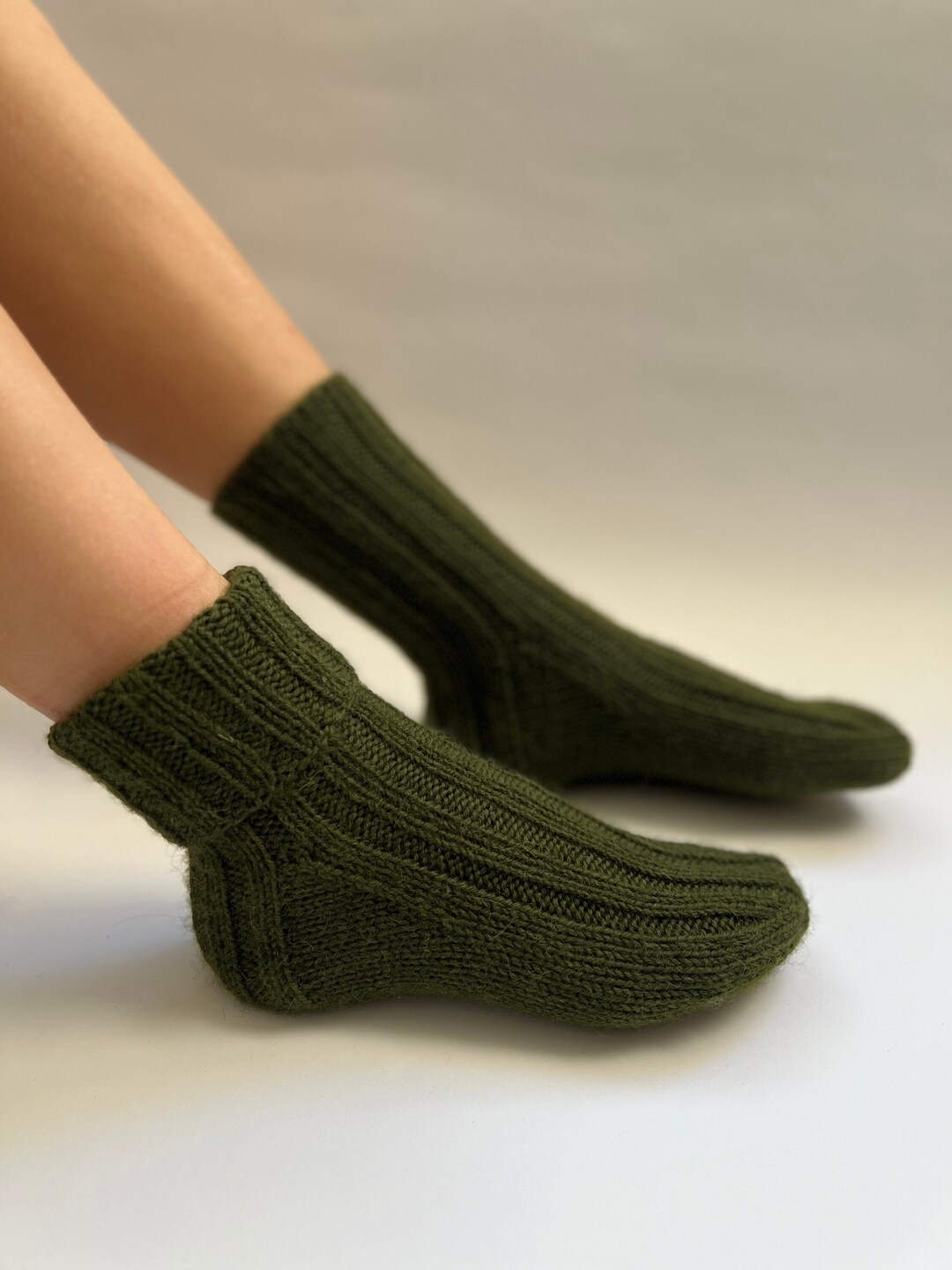 Rib Knit Green Wool Socks, Handmade Warm Winter Socks for Women, Hand ...