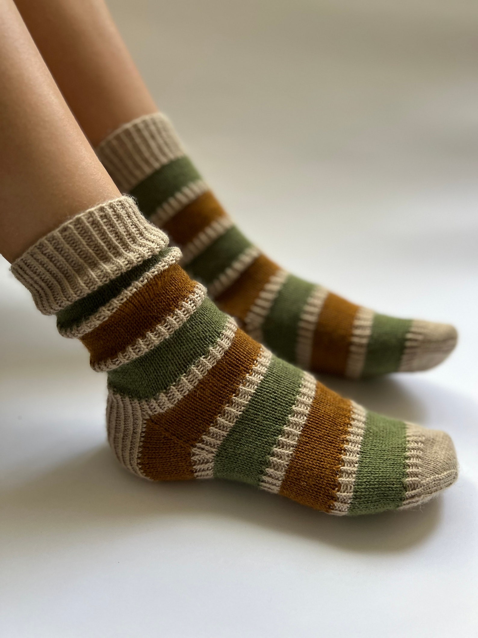 Striped Hand Knit Socks for Women, Wool Knit Socks, Warm Winter Woollen ...