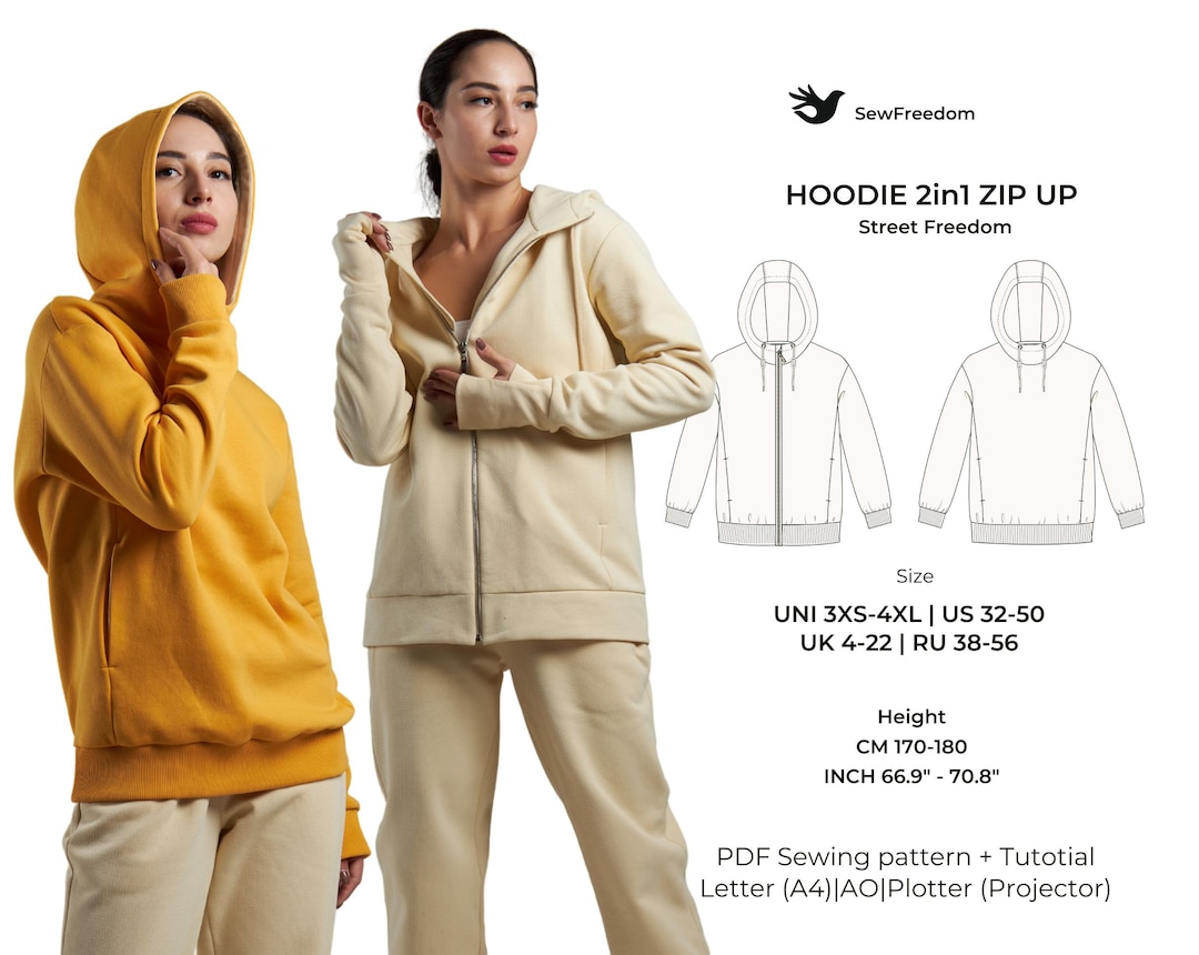 Hoodie Pattern 2in1, Thumb Sleeve Sweatshirt Pattern, Zip-up Sweatshirt ...
