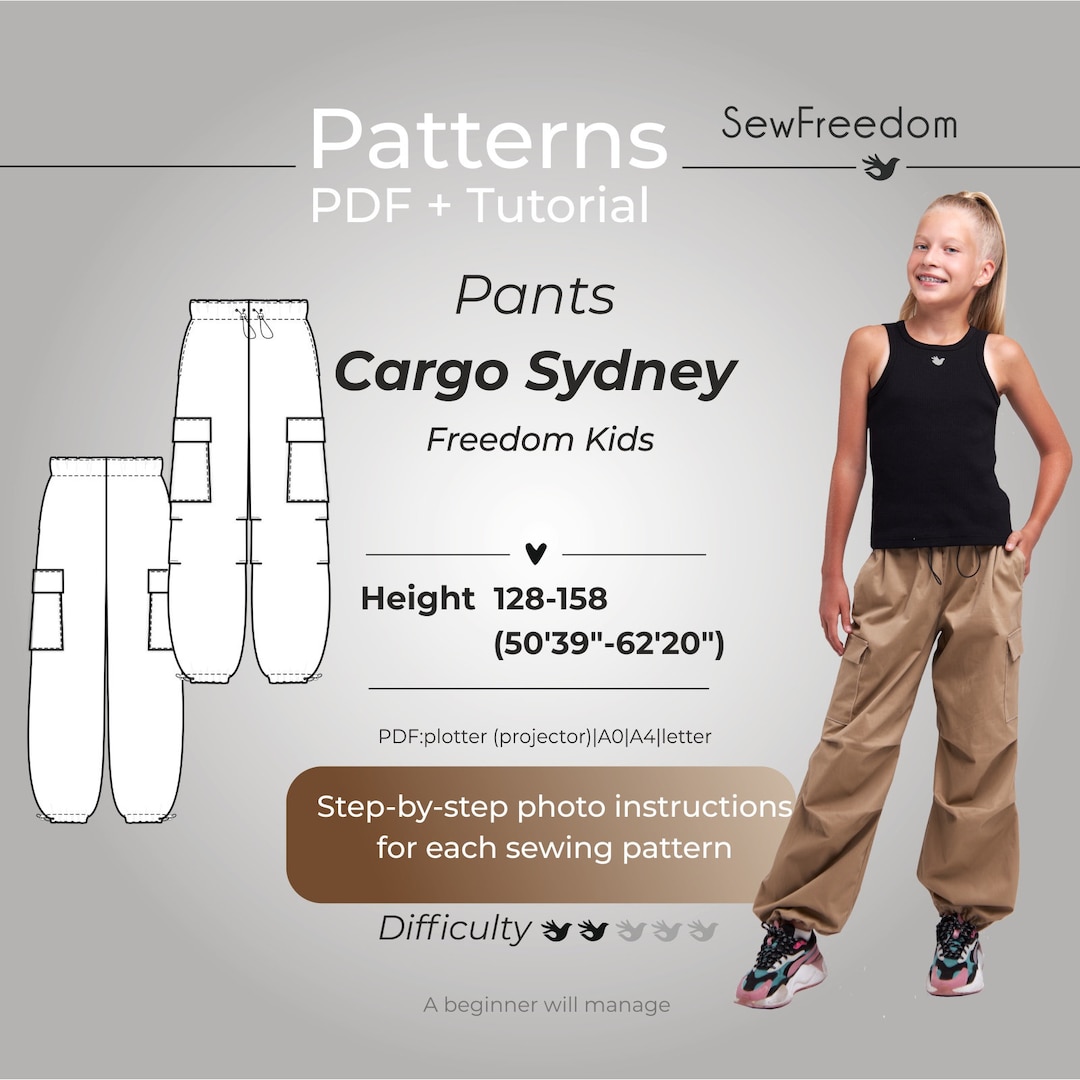 Girl Cargo Pants Pattern, Kids Baggy Pocket Pants Patterns, Tech Style ...