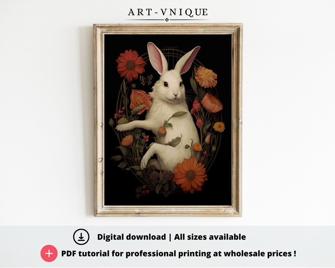 White Rabbit With Poppy Flowers Dark Academia digital Print dark Art ...