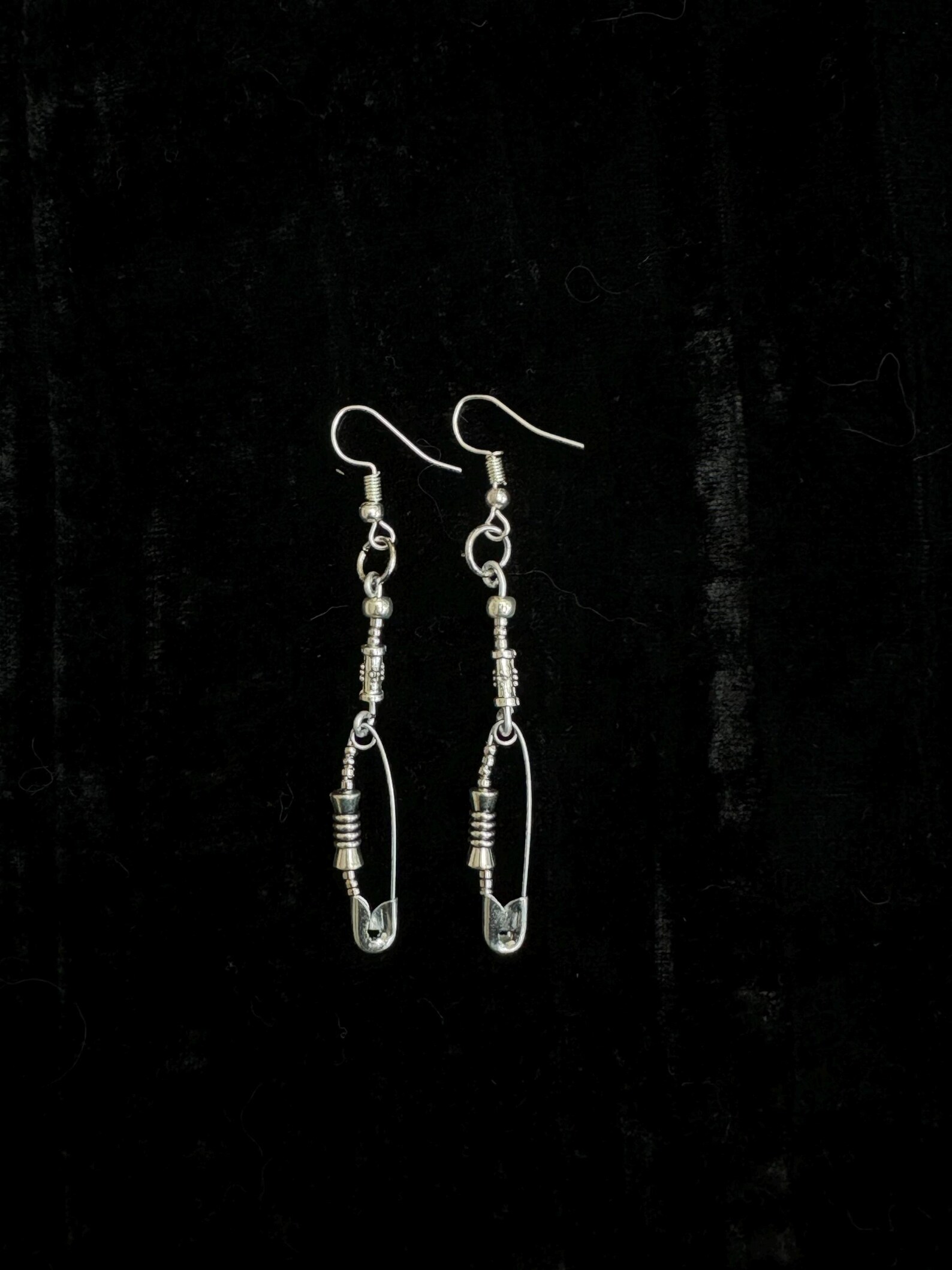 Gothic Safety Pin Earrings – Beaded Silver Dangle Earrings – Upcycled ...