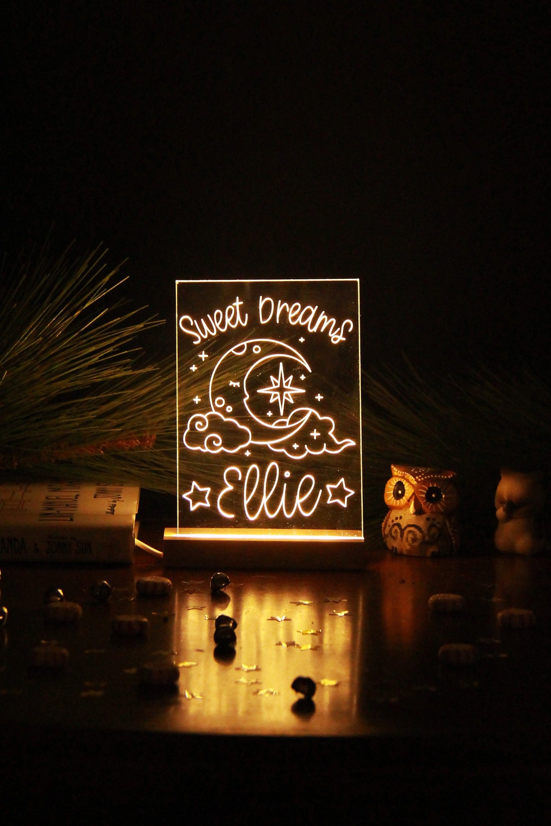 Personalized Acrylic Night Light: Engraved Moon & Stars, LED Wood Base ...