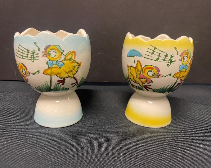 Vintage Ceramic Chicks Singing Pastel Egg Cup Holder Easter Decoration ...