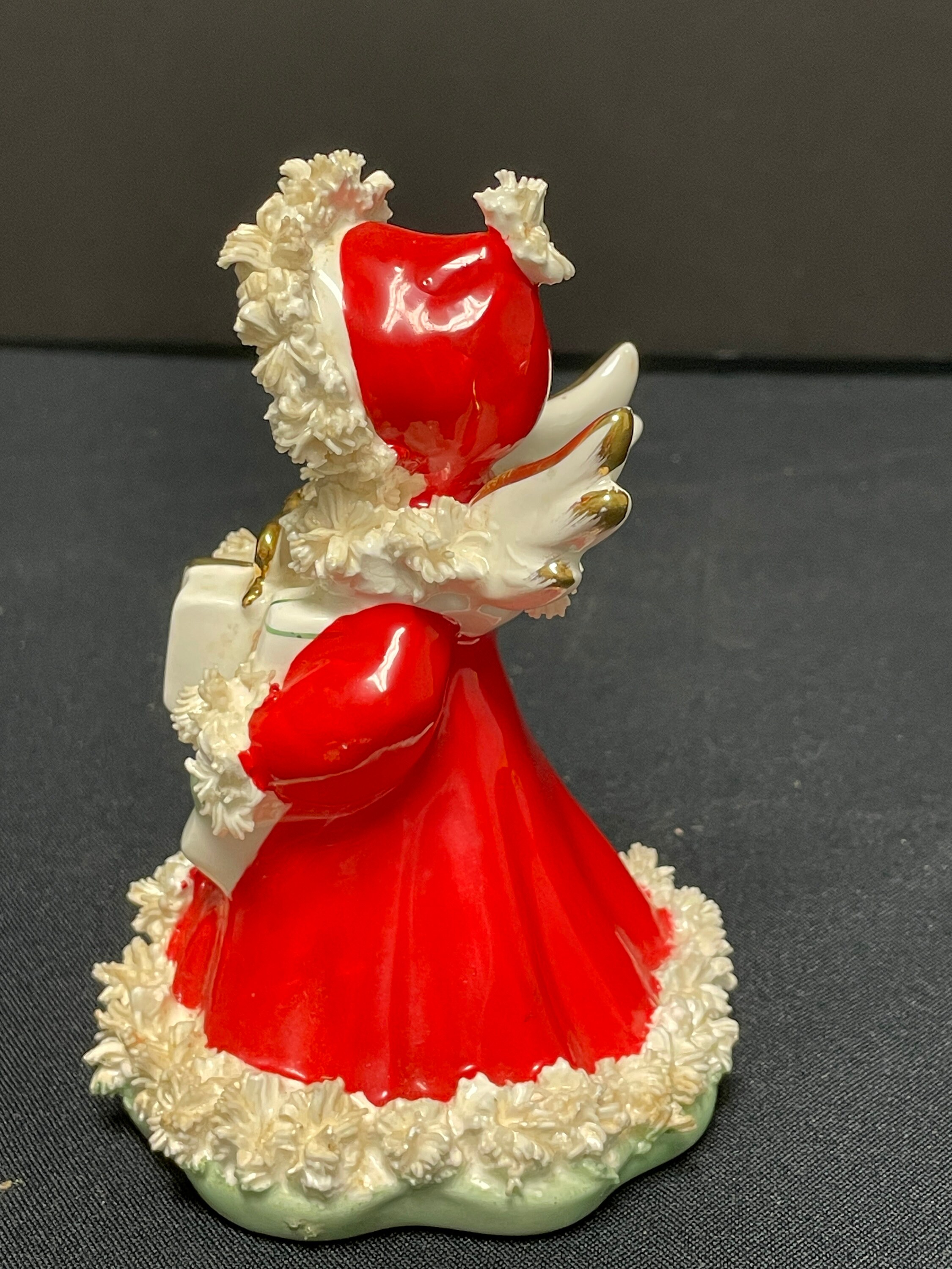 Napco Christmas Angel Girl in Red With Spaghetti Trim Holding a Gift ...