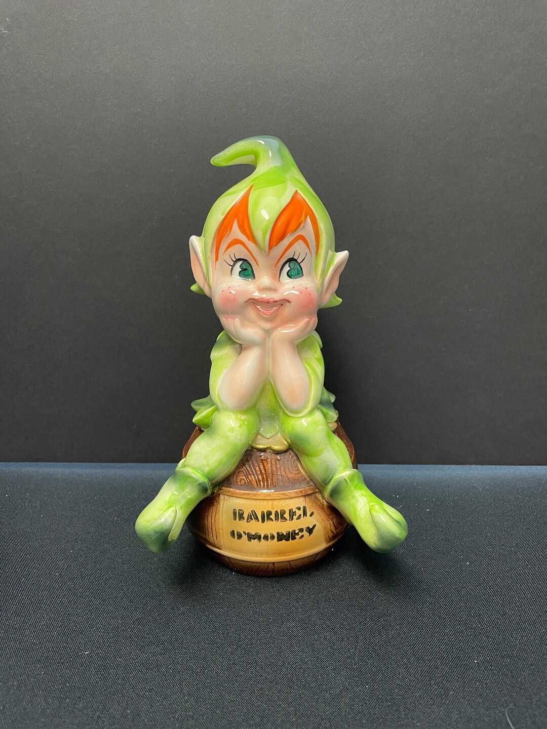 Vintage Lefton Red Head Pixie Elf in Green Ceramic Bank Barrel O'money ...