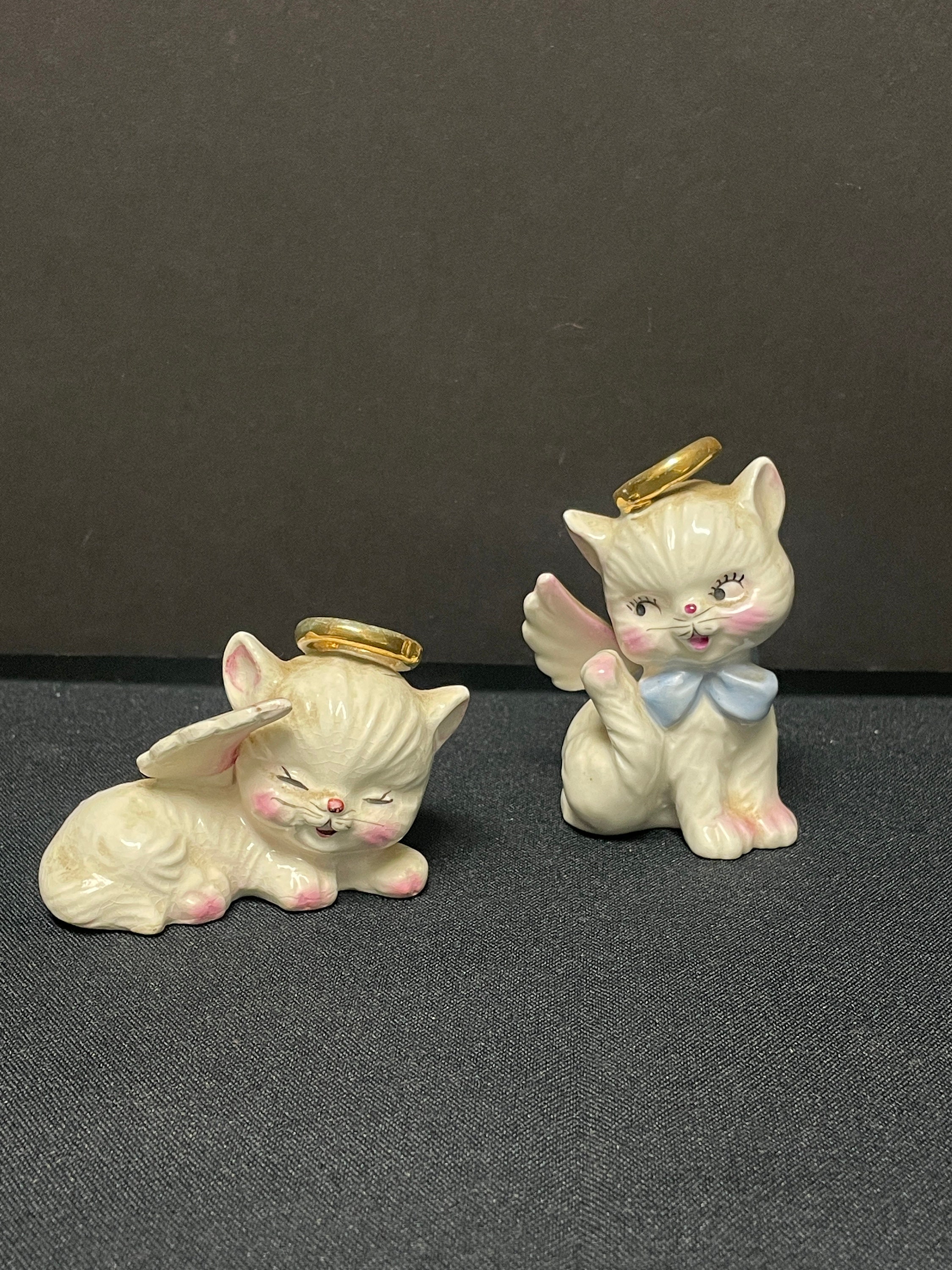 Vintage Napco White Cat Angels With Pink and Blue Bows and Gold Halo ...