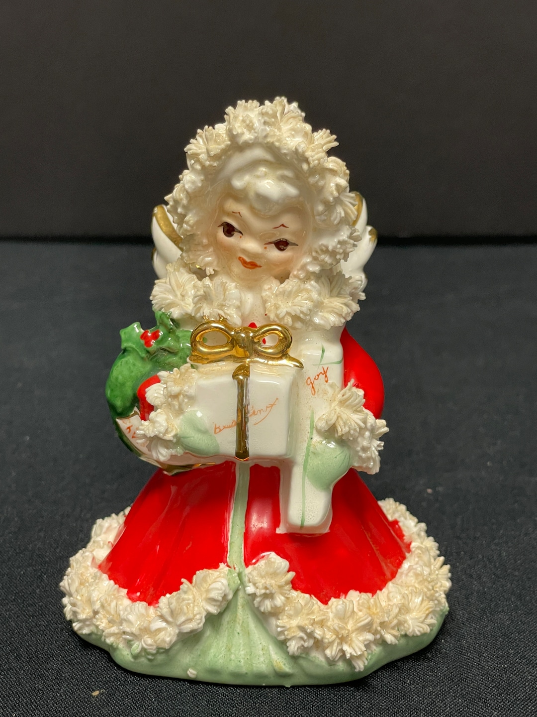 Napco Christmas Angel Girl in Red With Spaghetti Trim Holding a Gift ...