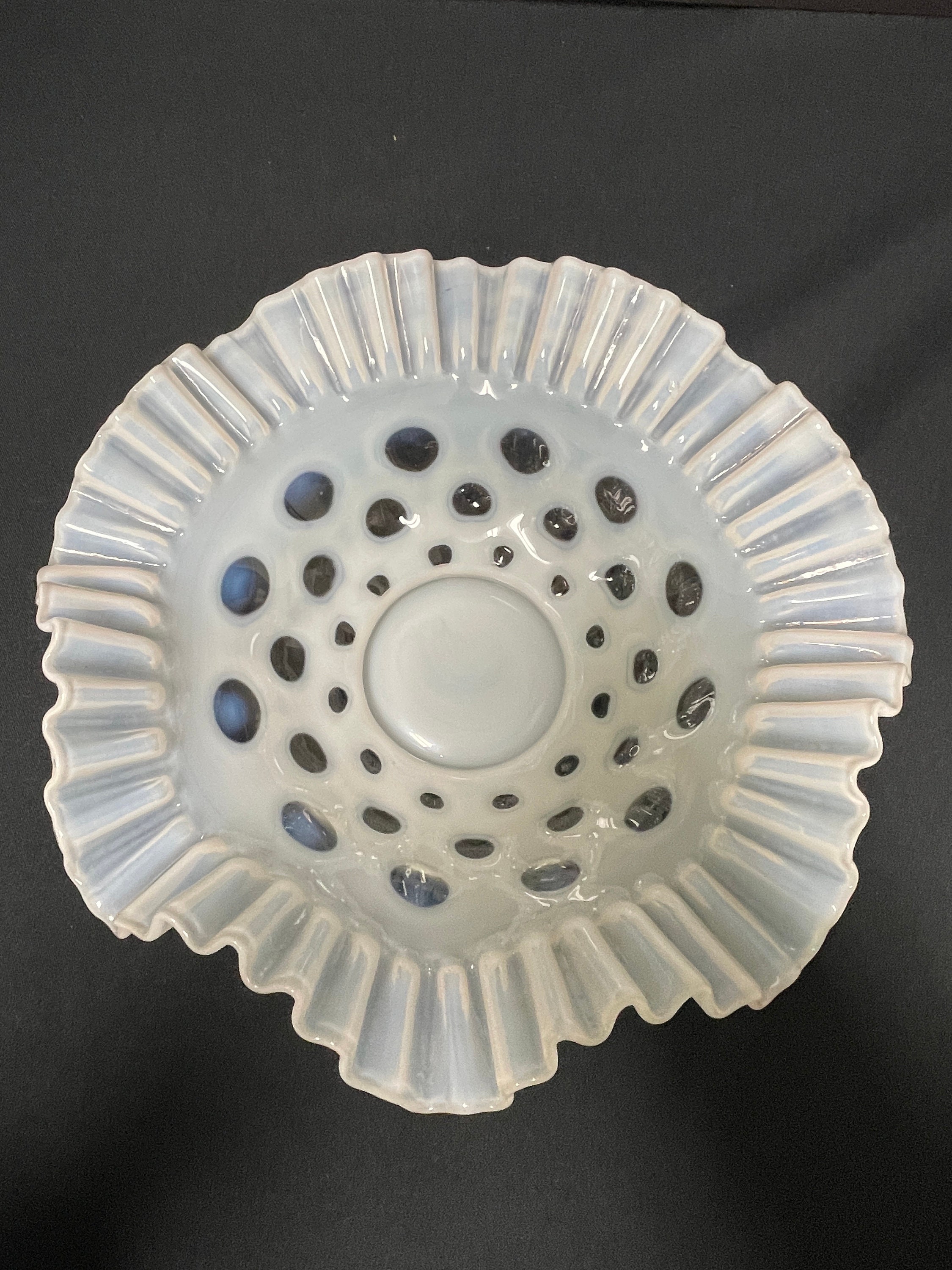 Fenton White Opalescent Dot Ruffled Edge Glass Bowl Victorian Mid ...