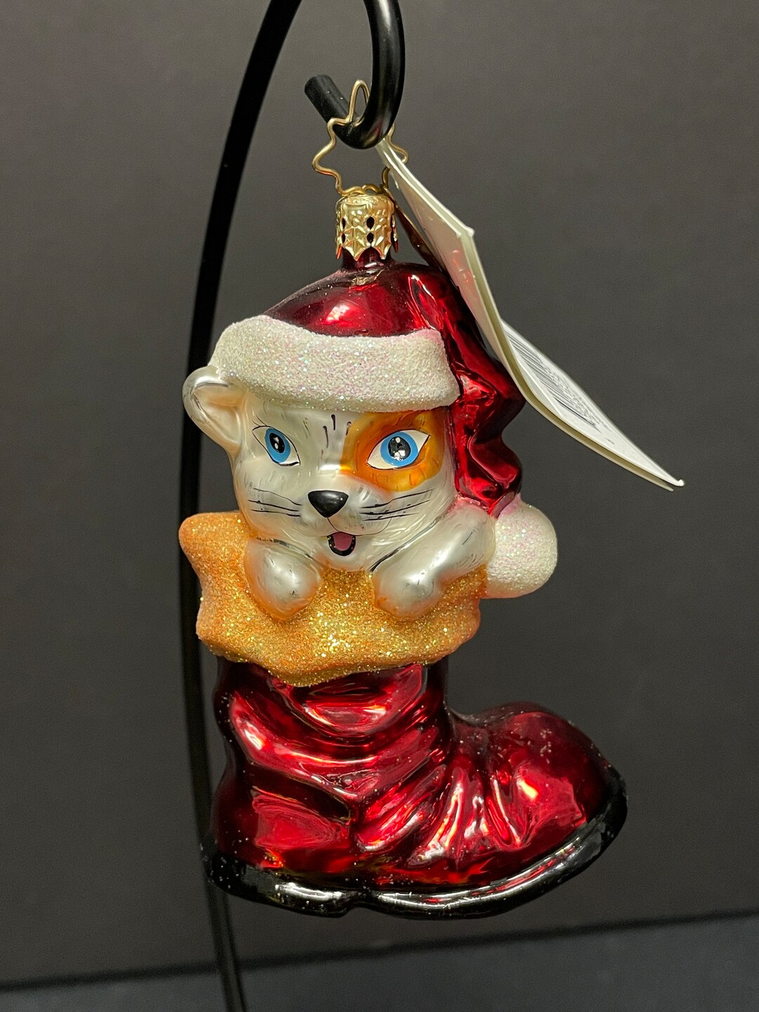 Christopher Radko: "puss in Boots" Cat in Santa Claus Hat in Boot Glass ...