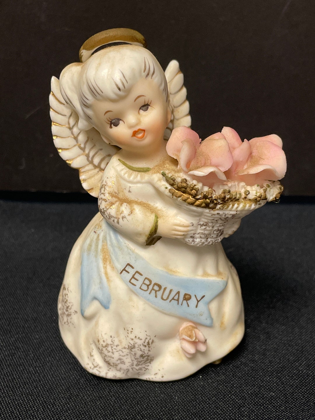 Vintage Lefton February Angel Figurine Pink Bouquet of Flowers Blue ...