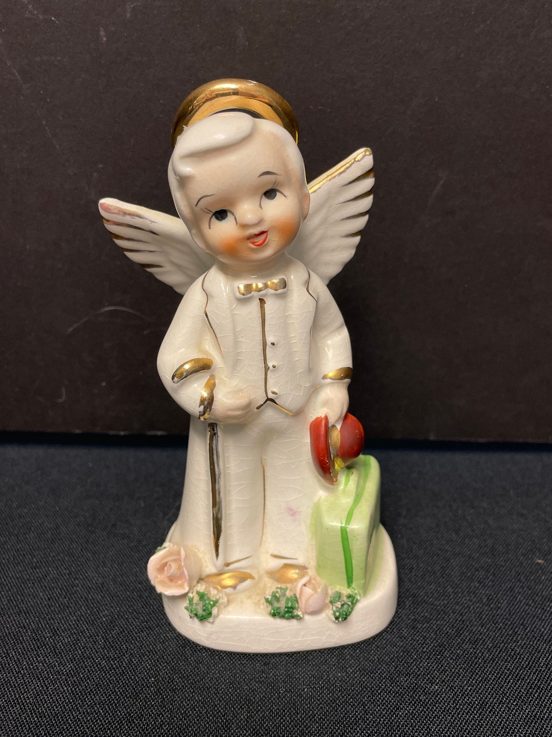 Vintage Napco August Angel Figurine Boy Angel Bowtie Holding Suitcase ...