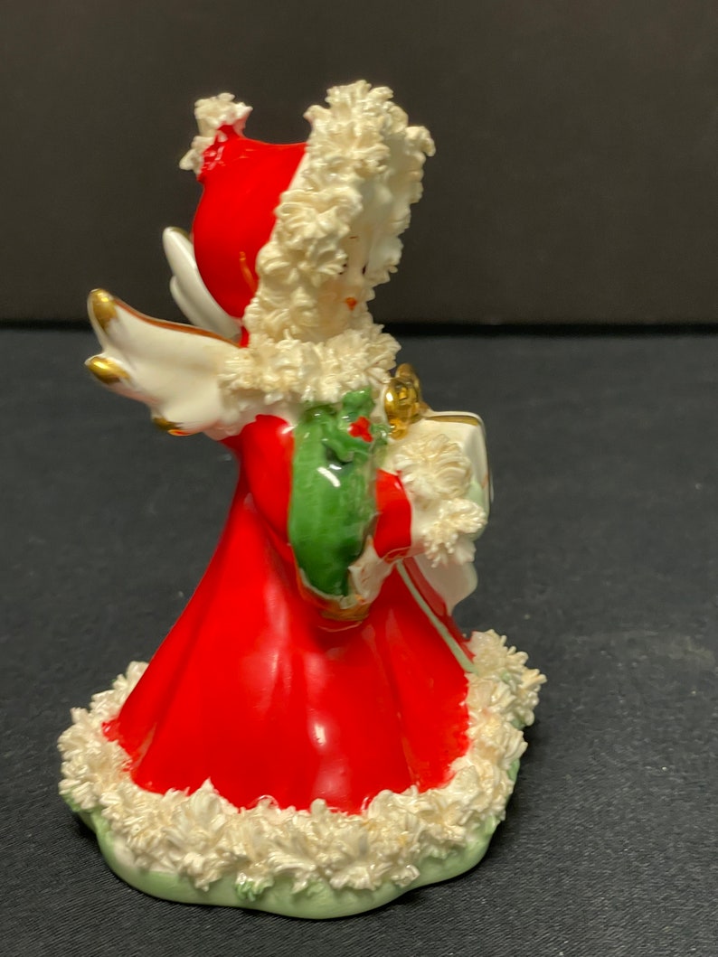 Napco Christmas Angel Girl in Red With Spaghetti Trim Holding a Gift ...