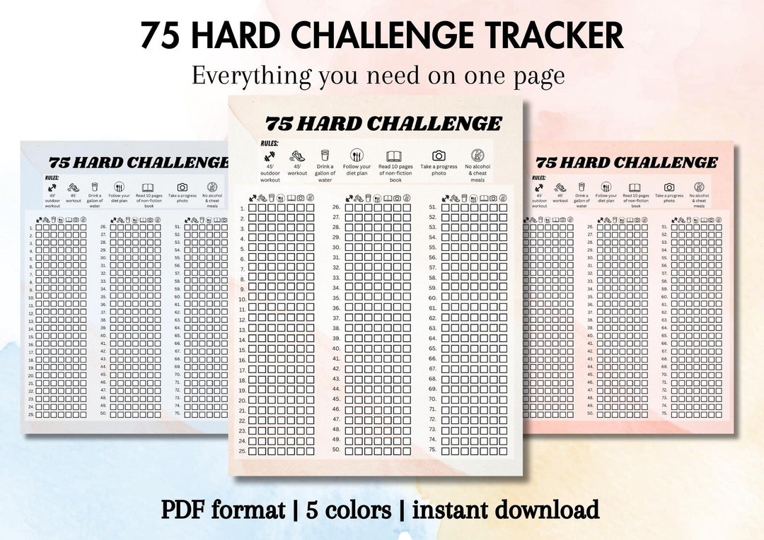 75 Hard Challenge Tracker Daily Habit Checklist Template Printable PDF Digital Download Fitness ...