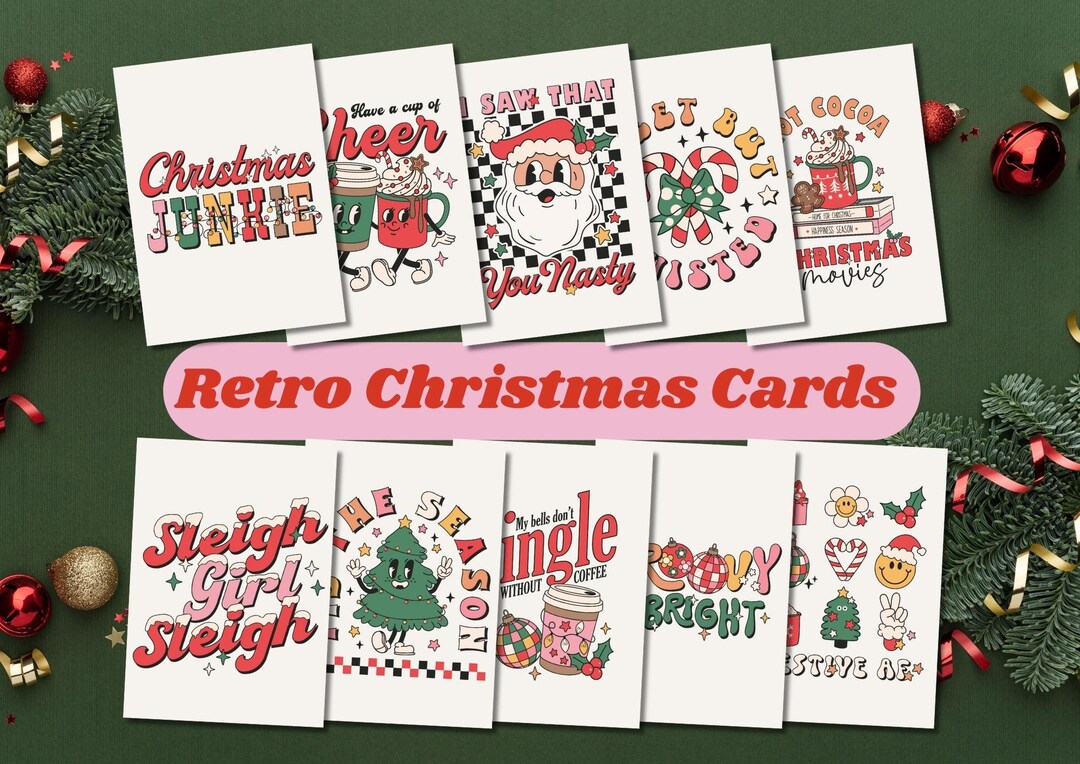 Retro Christmas Cards Printable Pack for Greetings and Invitation 10 ...