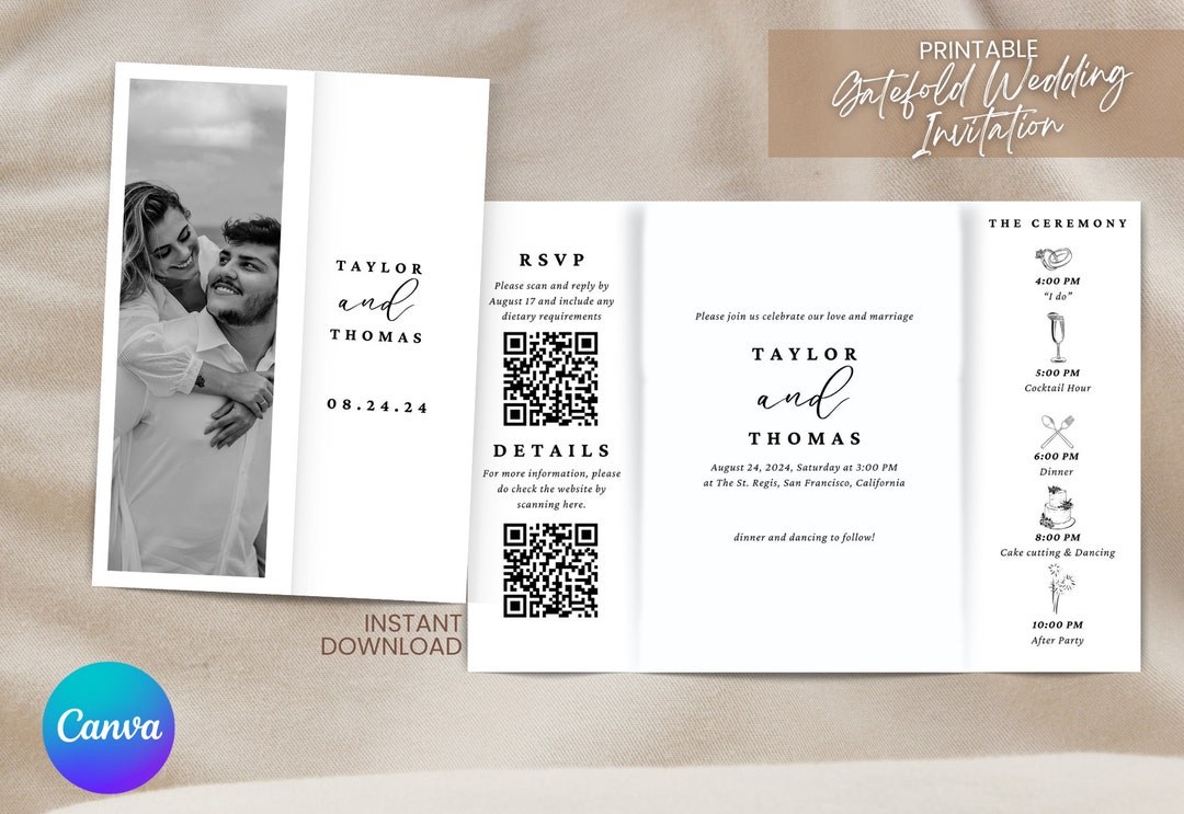 Gatefold Wedding Invitation Template Download With QR Code Printable ...