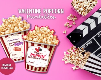 Printable Popcorn Valentines, Kids Valentine's Day Card, Boy Girl ...