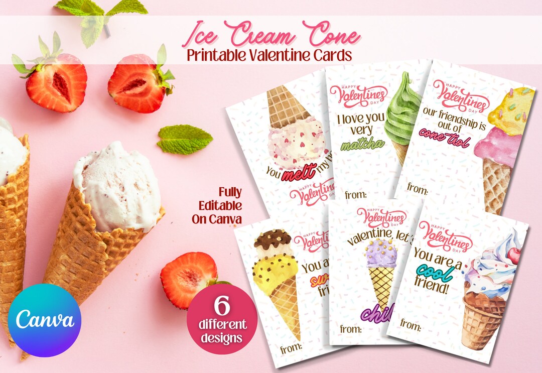 Ice Cream Cone Print Cards, Sweet Treat Valentine's Day, Instant ...