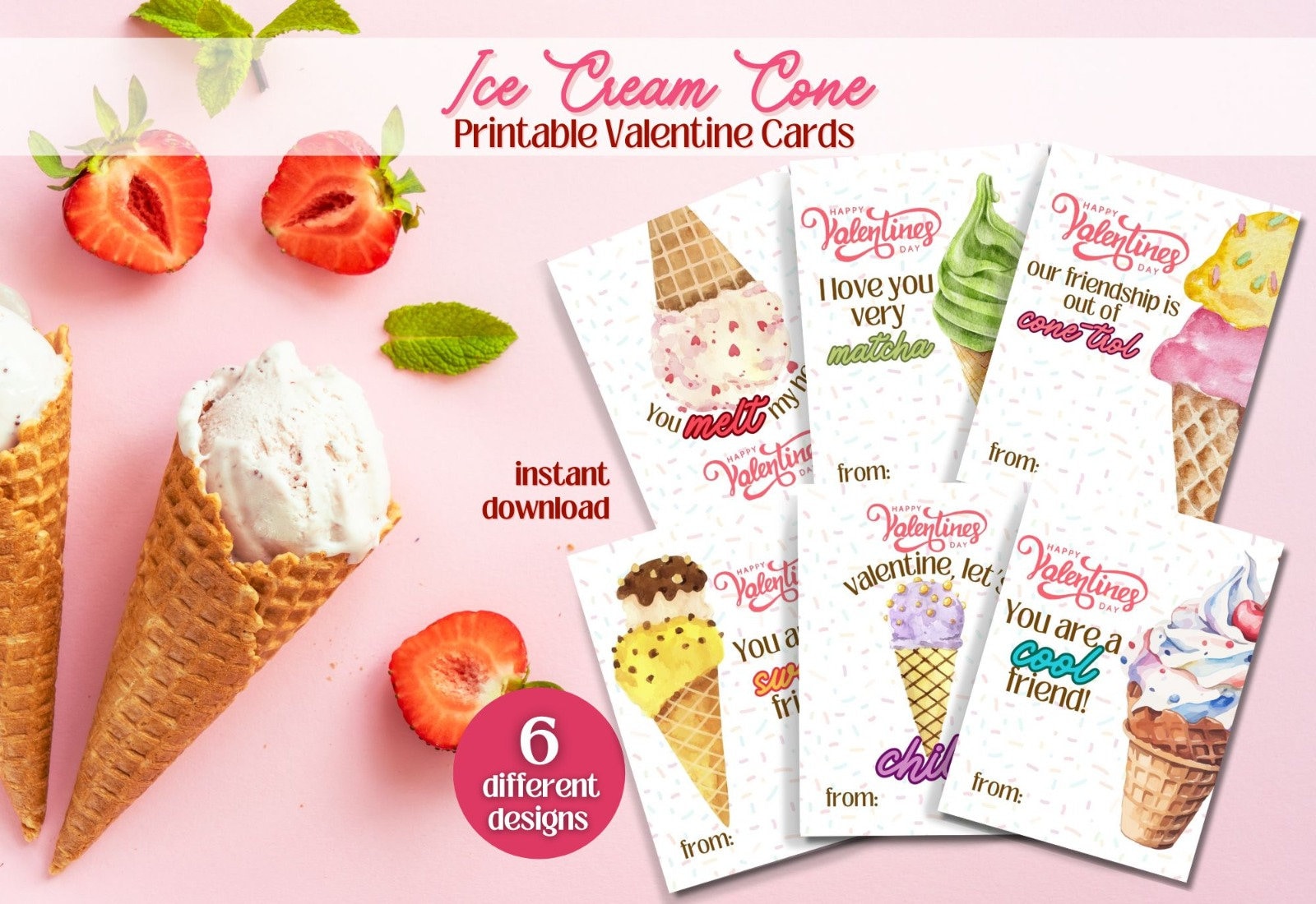 Ice Cream Cone Valentine Print Cards, Sweet Treat Valentine's Day ...