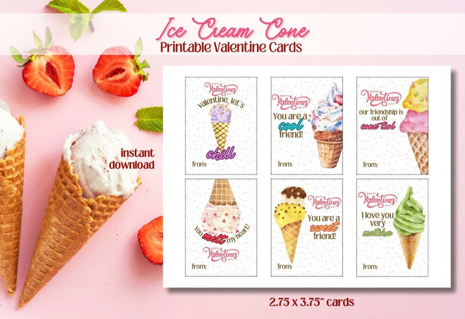 Ice Cream Cone Valentine Print Cards, Sweet Treat Valentine's Day ...