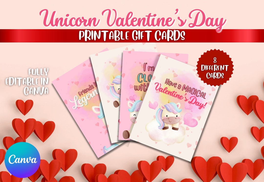 Unicorn Classroom Valentine's Day Cards for Kids, Printable Unicorn ...