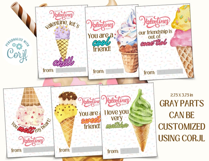 Ice Cream Cone Valentine Print Cards, Sweet Treat Valentine's Day ...