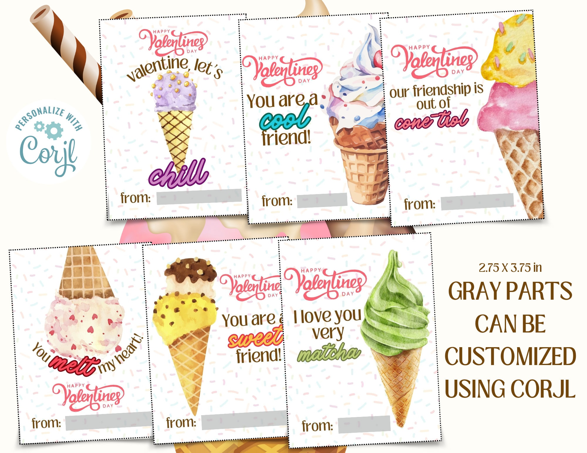 Ice Cream Cone Valentine Print Cards, Sweet Treat Valentine's Day ...