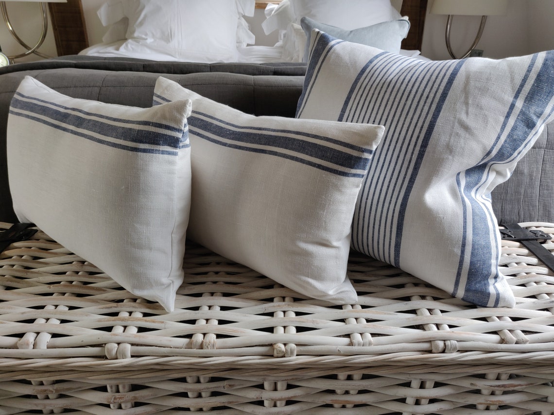 Blue & White Multi Stripe 100% Linen, (sample). Made to Measure Roman ...