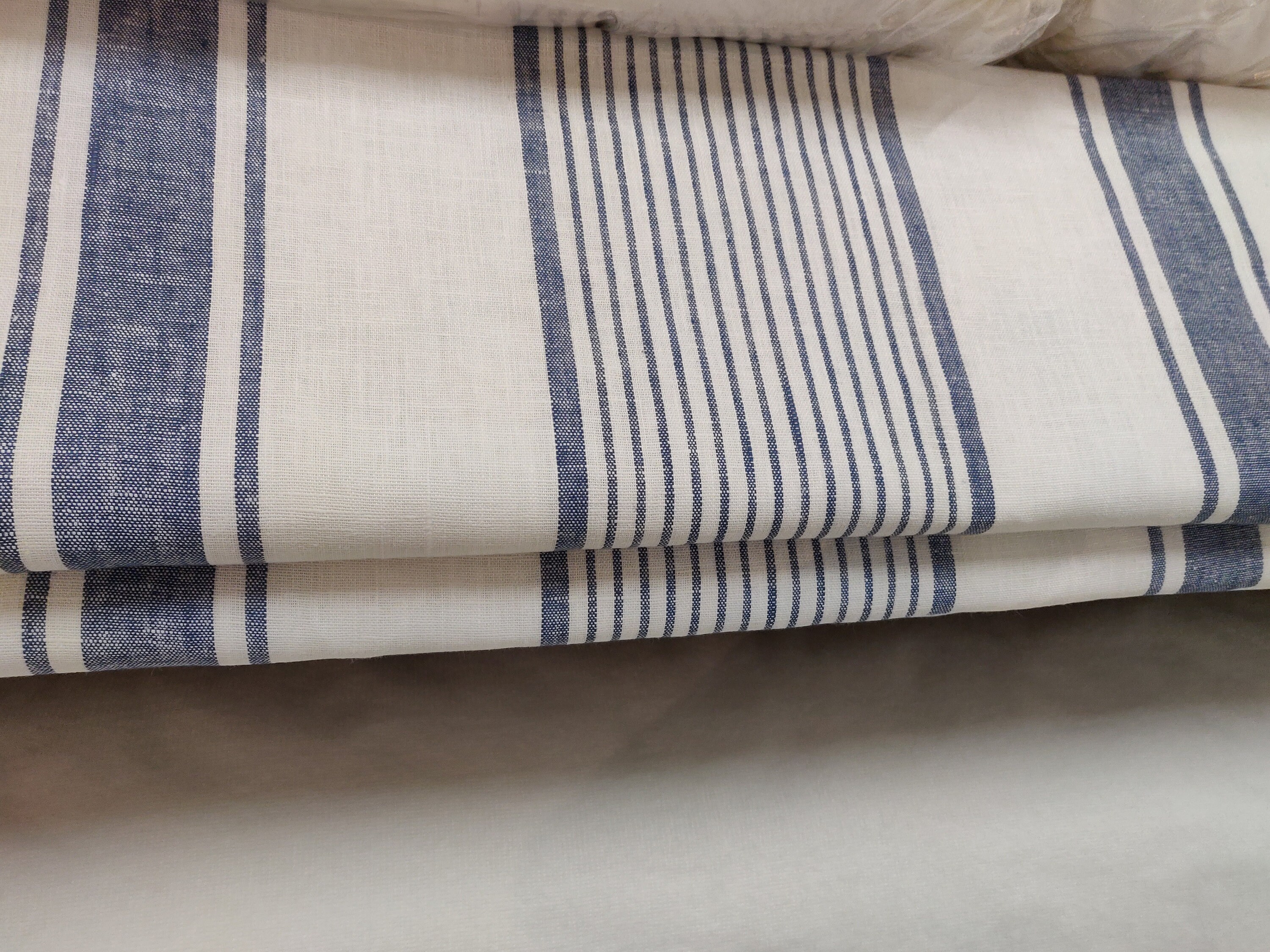Blue & White Multi Stripe 100% Linen, (sample). Made to Measure Roman ...