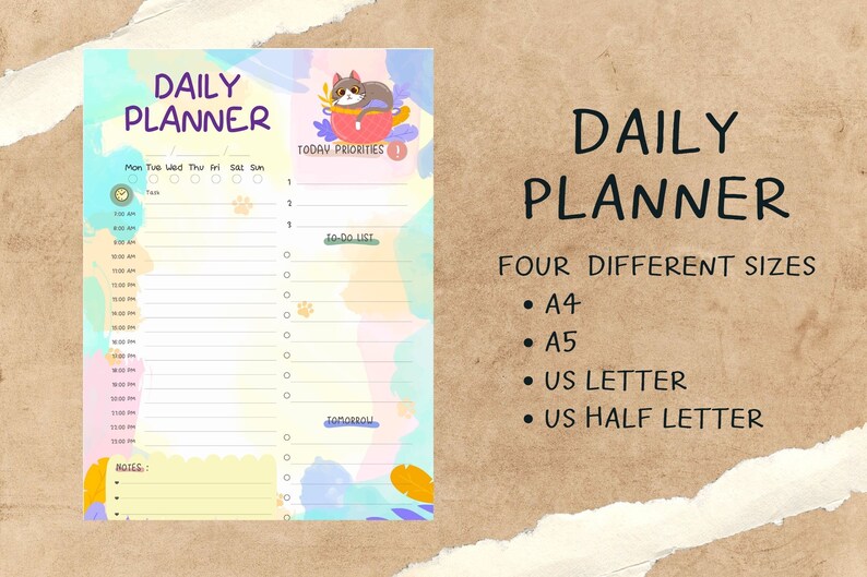 Cute Cat Daily Planner, Daily Schedule, Digital Planner, Hourly ...