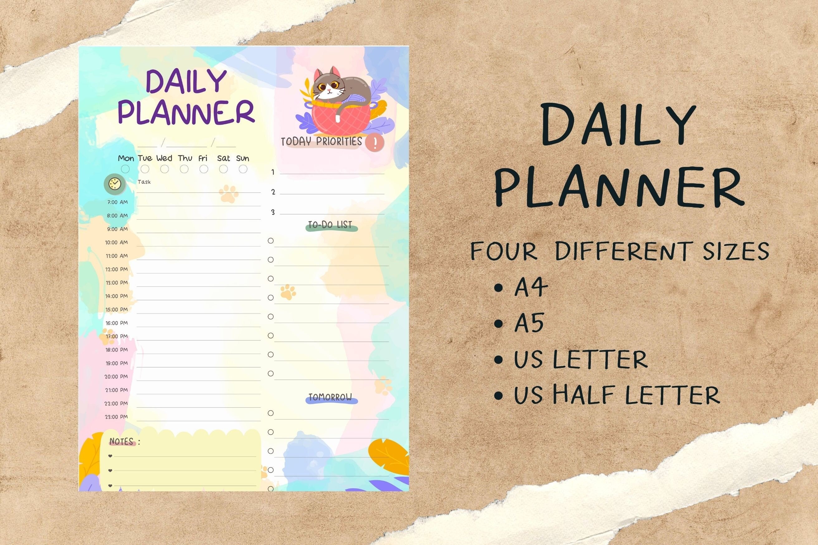 Cute Cat Daily Planner, Daily Schedule, Digital Planner, Hourly ...