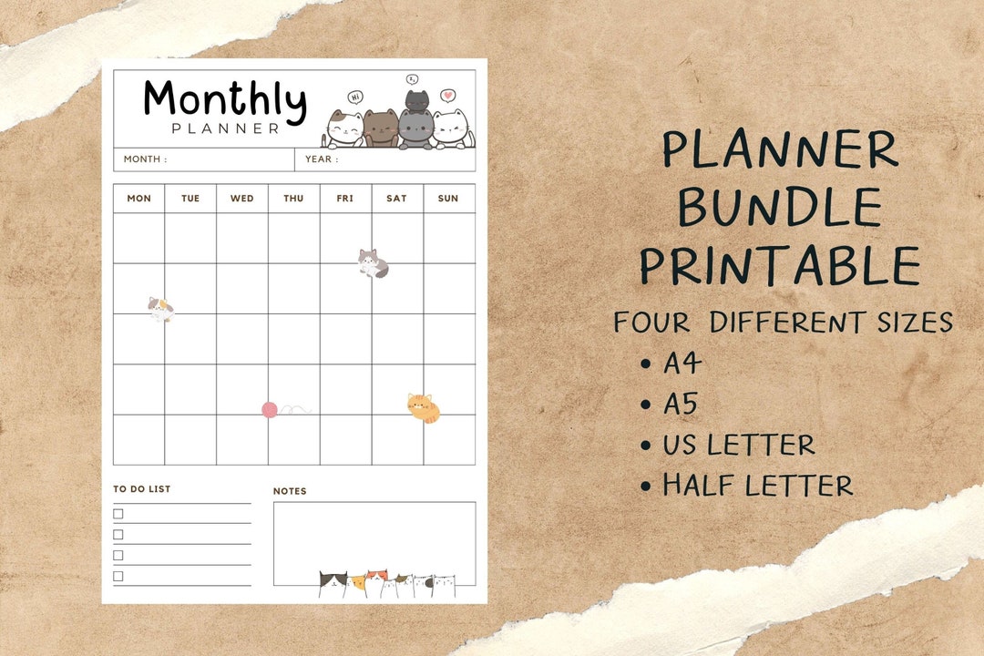 Cute Cat Undated Monthly Planner, Digital Planner, Printable Planner ...