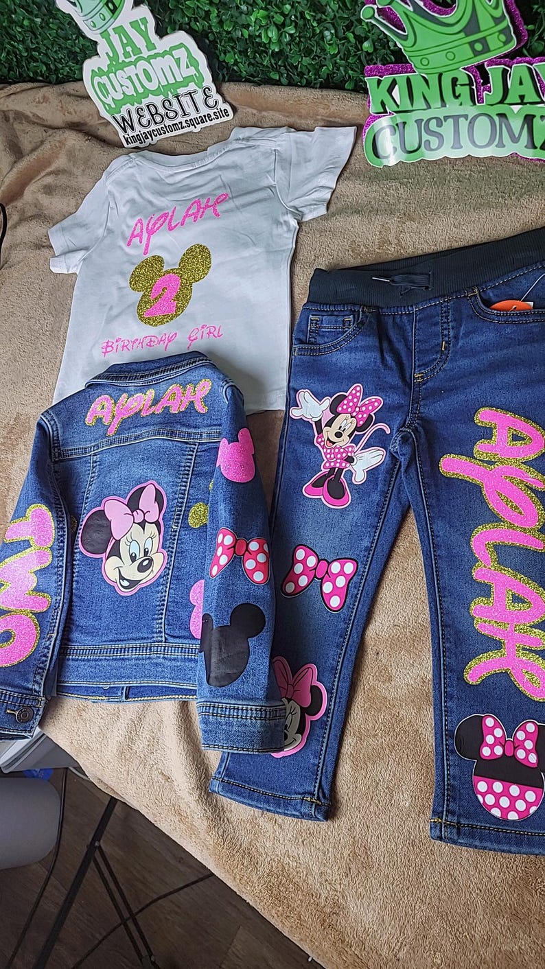 Custom Minnie Mouse Birthday Outfit | Denim Jacket, Shirt, Pants (3 ...
