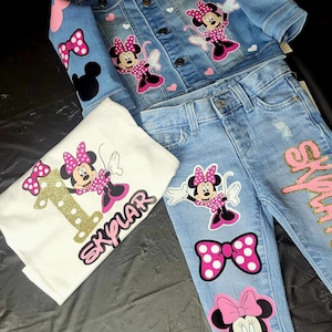 Custom Minnie Mouse Birthday Outfit | Denim Jacket, Shirt, Pants (3 ...