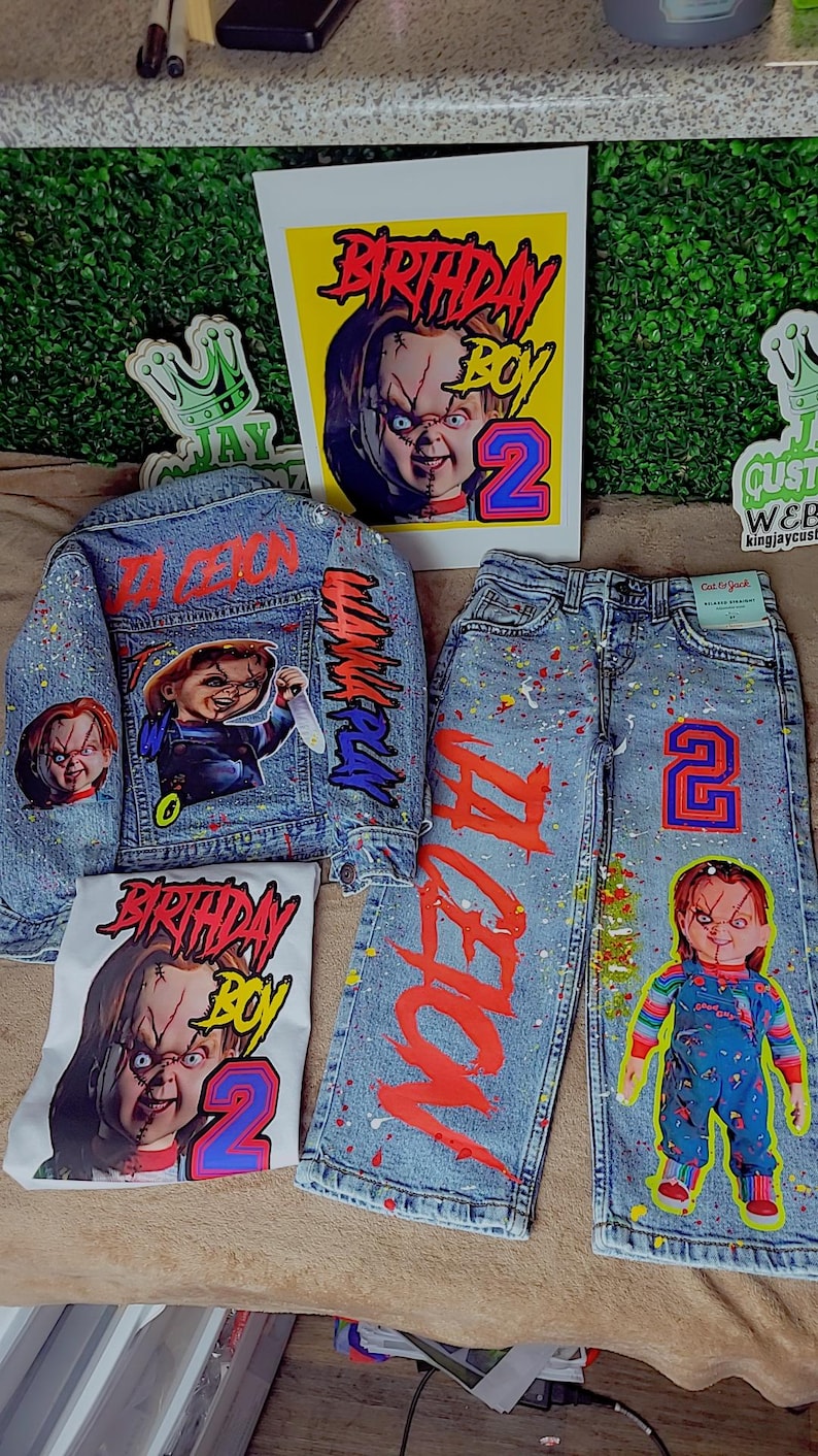 Custom Chucky Birthday Outfit | Painted Denim Jacket, Pants & Shirt - Etsy