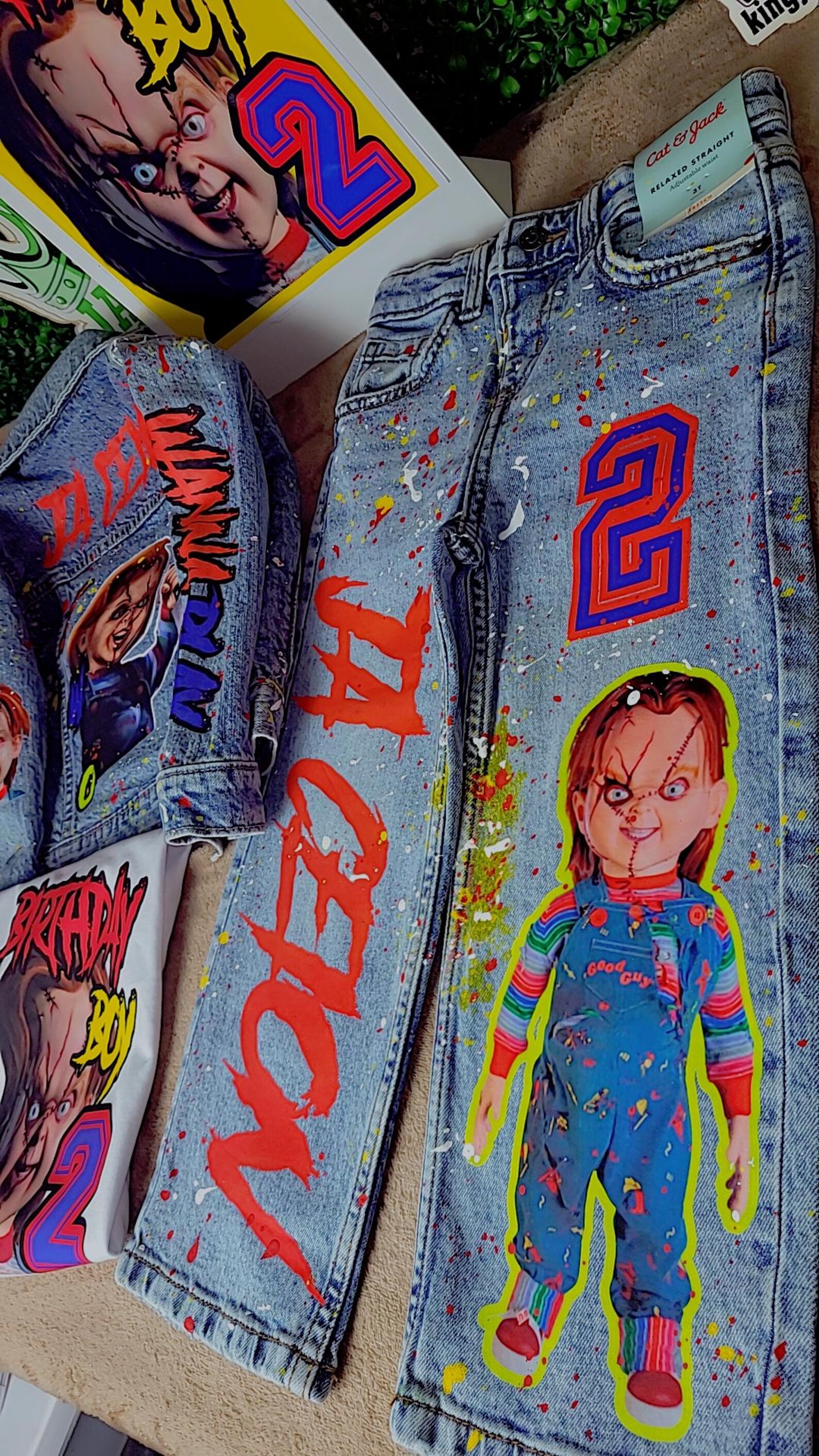 Custom Chucky Birthday Outfit | Painted Denim Jacket, Pants & Shirt - Etsy