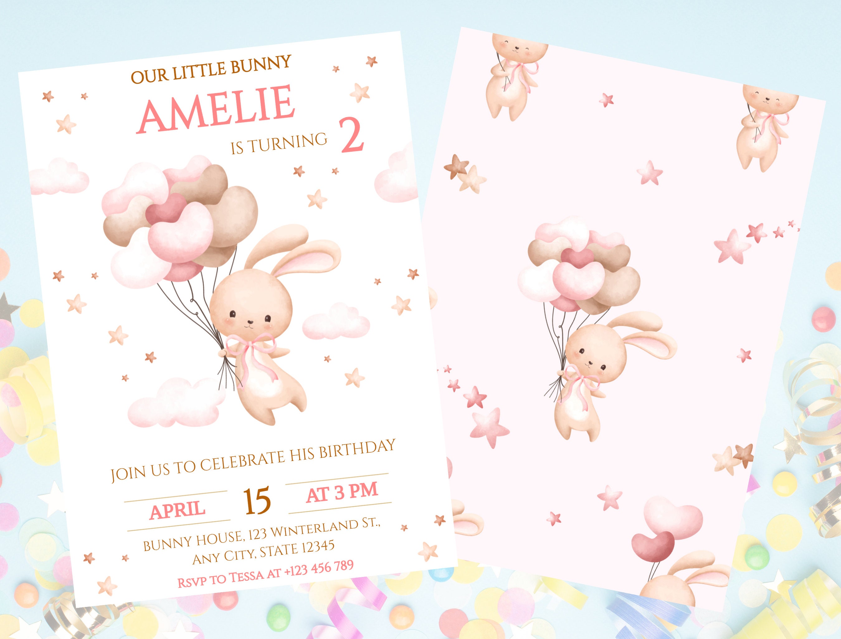 Editable ANY AGE Bunny Birthday Invitation Cute Bunny Birthday Invite ...