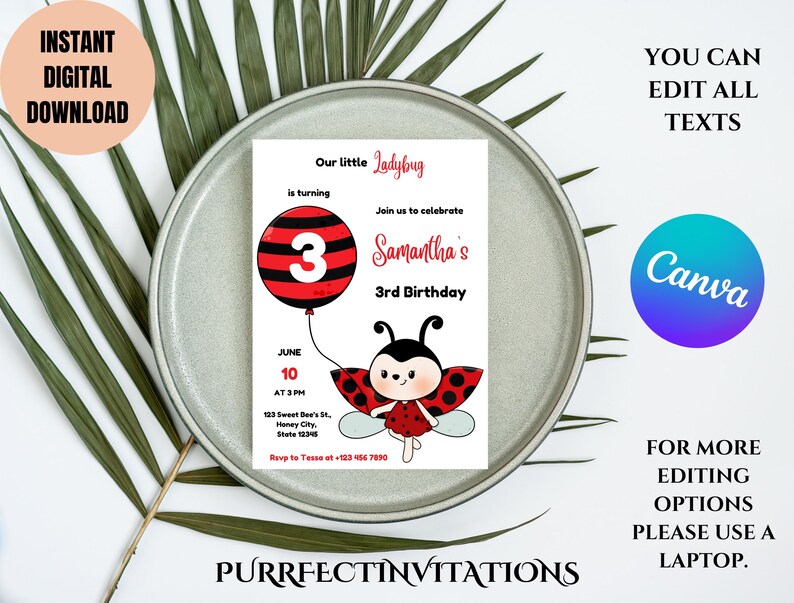 Canva Editable Cute Ladybug Birthday Invitation, ANY AGE Ladybug Invite ...