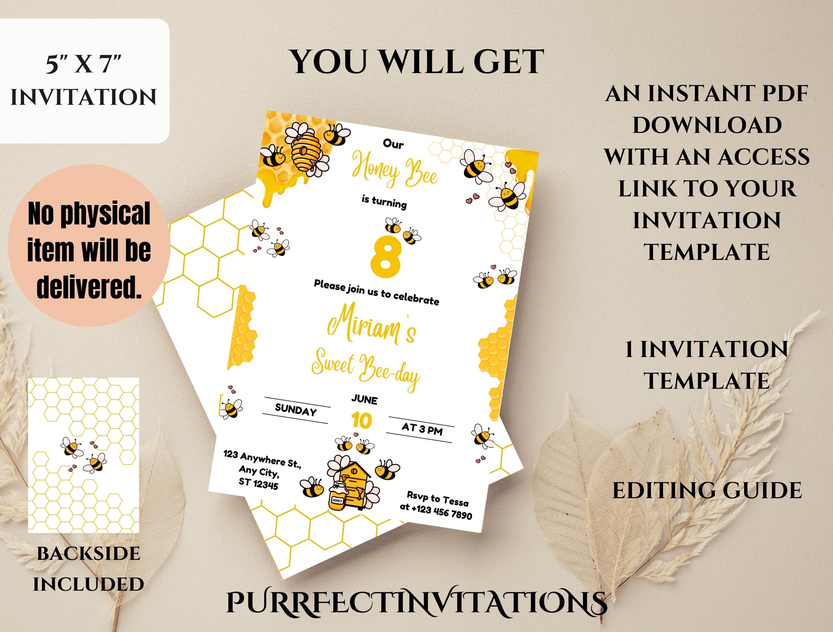 Canva Editable Bee Birthday Invitation, Bee Birthday Invite, Honey Bee ...