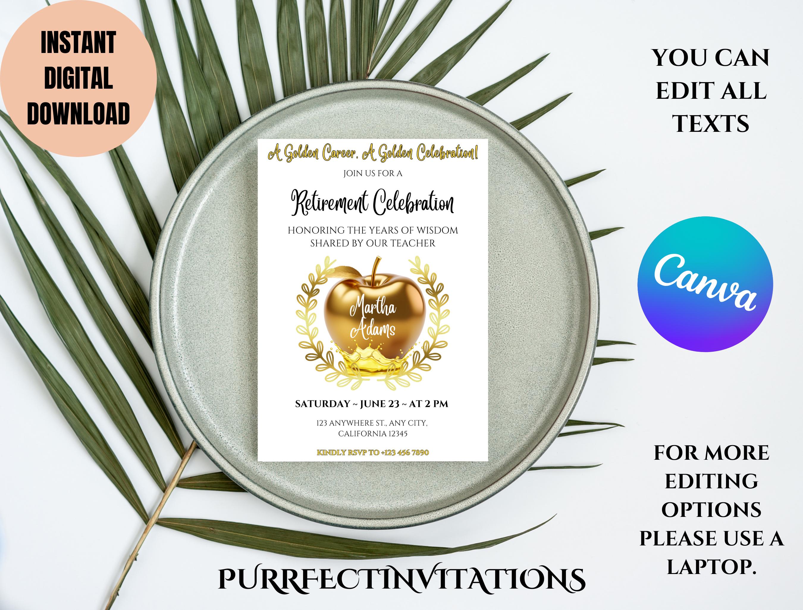 Gold Teacher Retirement Invitation: Editable Party Invite (digital ...